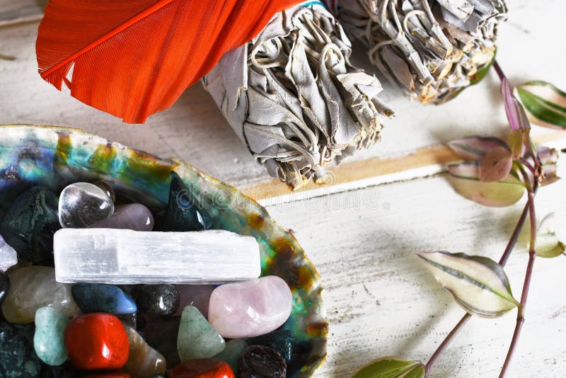 Healing Crystals and White Sage Bundles Stock Image - Image of opal ...