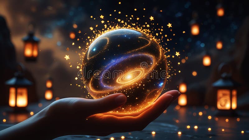 Healing Hands Glowing with the Cosmic Crystals, Stars Used As Visual ...