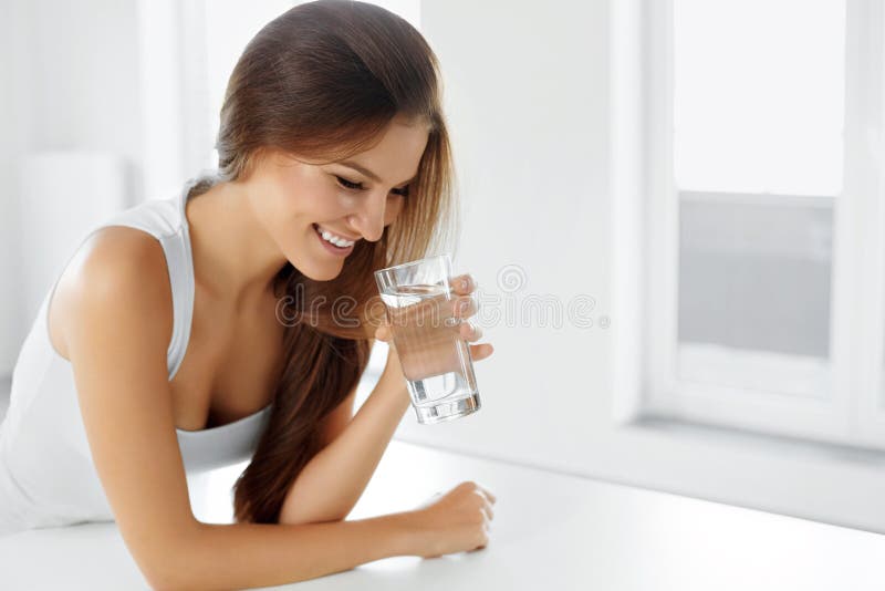 Health Beauty Diet Concept Happy Woman Drinking Water Drinks Stock
