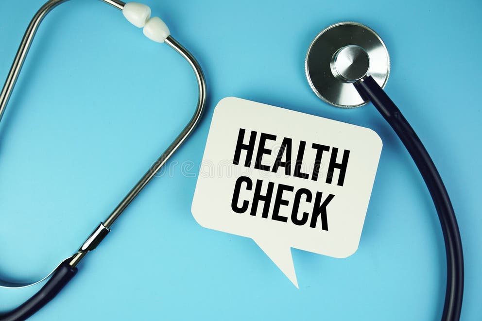 Health Check Text on Speech Bubble with Stethoscope Top View on Blue ...