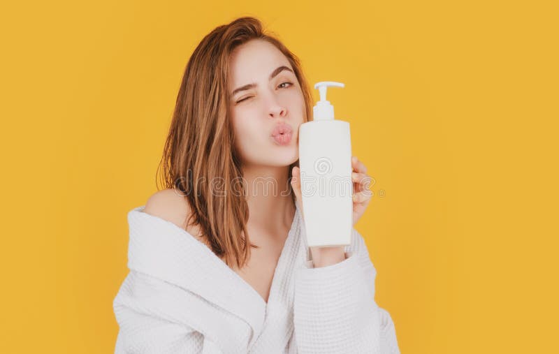 Health Hair And Beauty Concept Woman Hold Bottle Shampoo And