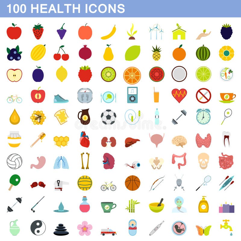 100 Health Icons Set, Flat Style Stock Vector - Illustration of ...