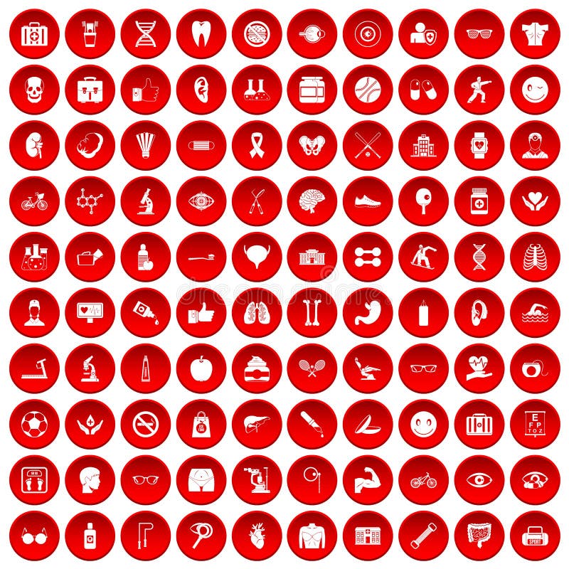 100 health icons set red stock vector. Illustration of medication ...