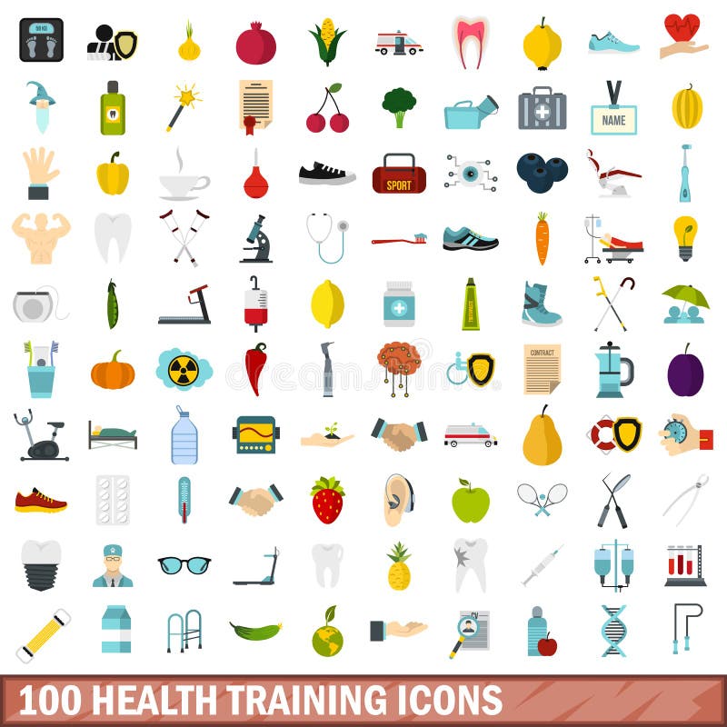 100 Health Training Icons Set, Flat Style Stock Vector - Illustration ...