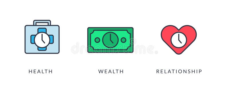 Health Wealth and Relationship Signs with Timer in it. Vector ...