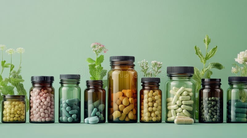 Health and Wellness Concept an Array of Supplement Jars with Flowers on ...