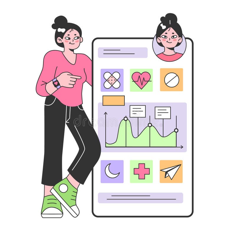 Health and Wellness Tracker Application. Young Female Character Stock ...