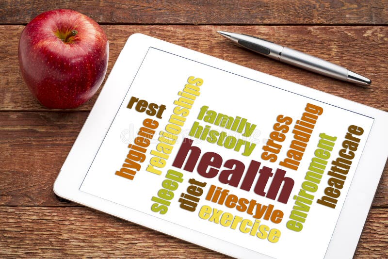 Health Word Cloud on Tablet with Apple Stock Photo - Image of cloud ...