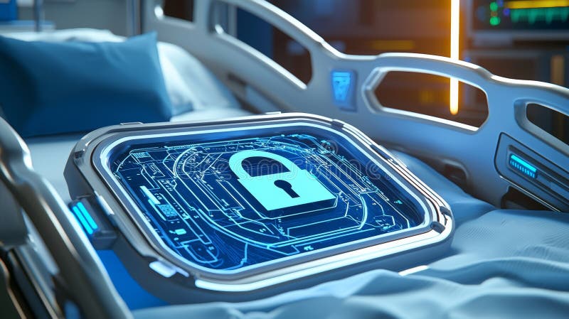 Healthcare Bed with Digital Lock Symbolizing Cybersecurity. Stock Photo ...