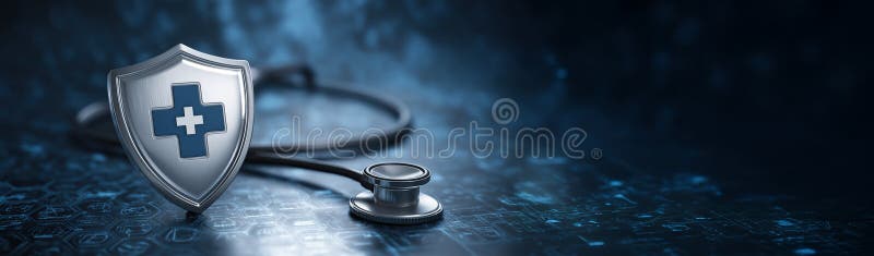 Healthcare Cybersecurity Shield with Stethoscope, Copy Space Stock ...