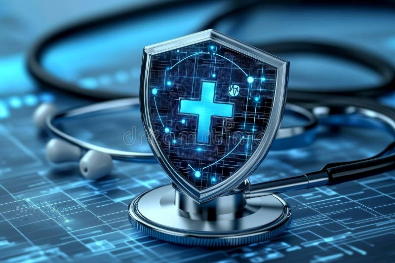 Healthcare Data Protection Digital Shield and Stethoscope Symbolizing ...