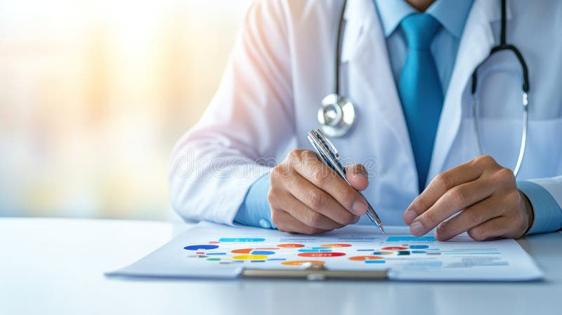 Healthcare Executive Sitting at Modern Desk, Analyzing Data with Pen ...