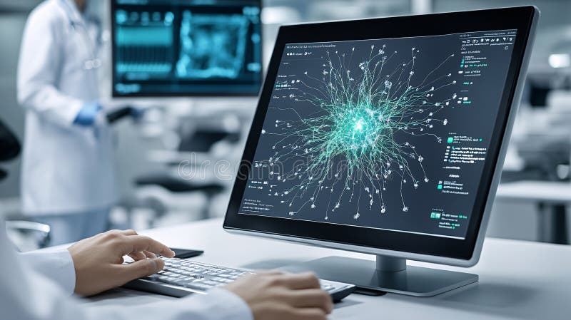 Doctor Analyzing Data Visualization on Computer Screen in Laboratory ...