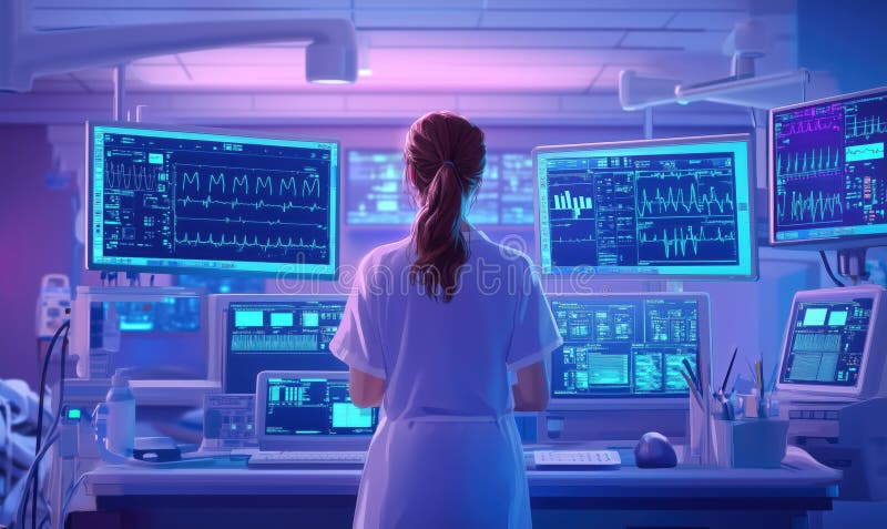 Healthcare Professional Analyzing Patient Data on Multiple Monitors in ...