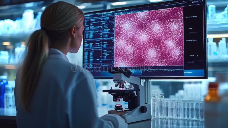Healthcare Professional Examines Vial while Using Microscope in a Lab ...