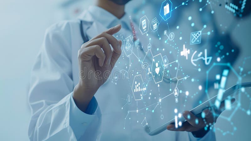 Healthcare Professional Interacting with Futuristic Interface. Modern ...