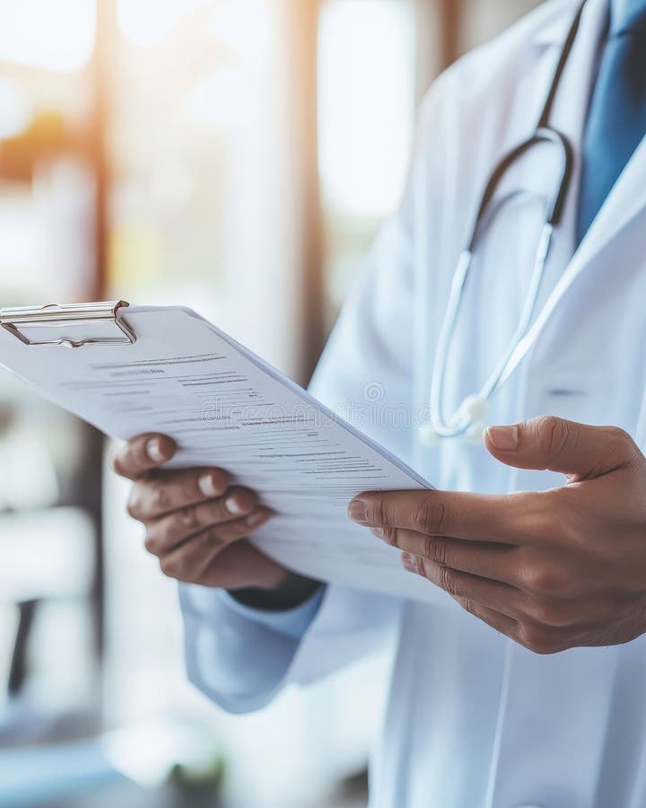 A Healthcare Professional Reviewing a Document in a Clinical Setting ...