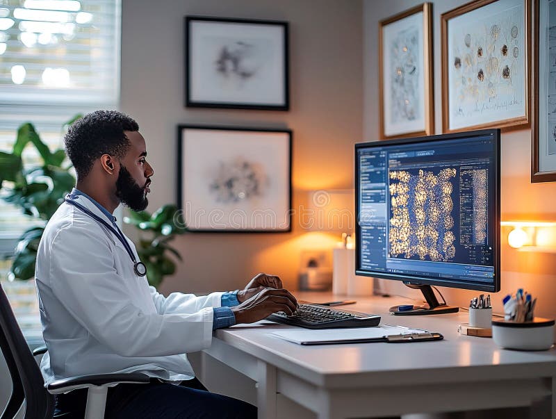 A Healthcare Professional is Working at a Modern Office Desk, Using Two ...