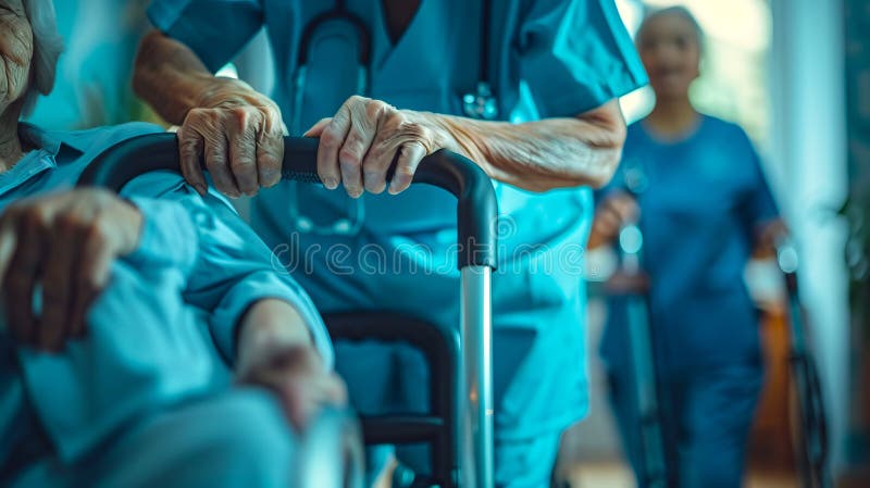 Healthcare Workers in a Nursing Home Assist Elderly Patients. Focus on ...