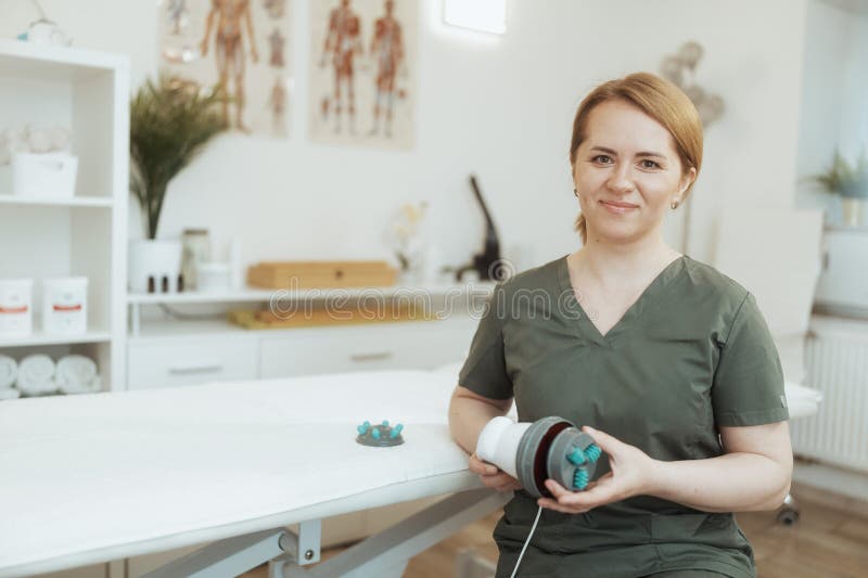 Happy Female Medical Massage Therapist In Massage Cabinet Stock Image Image Of Health