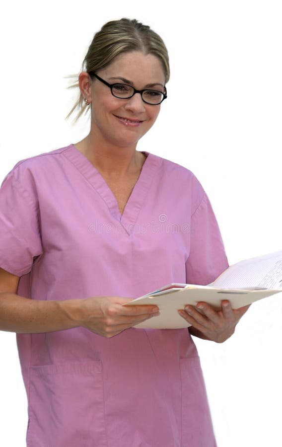 Young Female Health Care Worker with Purple Scrubs Stock Photo - Image ...