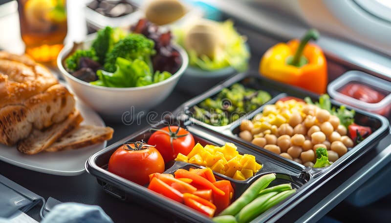 Healthy Airplane Meal with Fresh Ingredients Served on a Tray Table ...