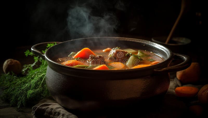 Healthy Beef Stew Cooked in Rustic Cauldron Generated by AI Stock ...