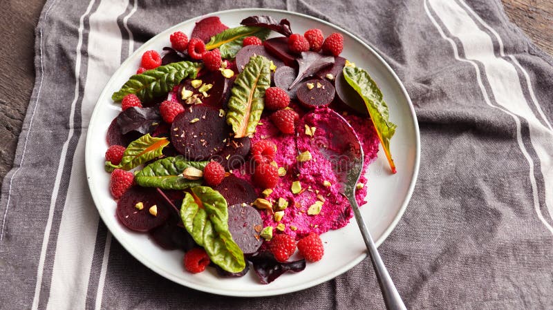 Healthy Beet Salad with Raspberry, Red Pray, Nuts Stock Photo - Image ...