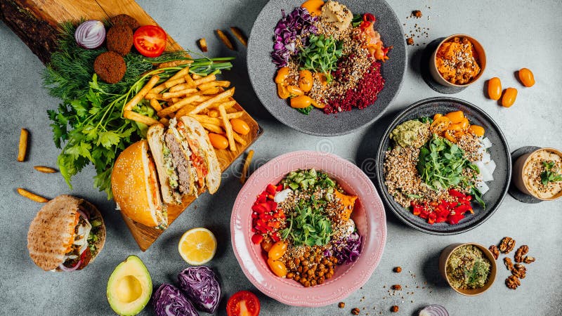 Healthy Bowl, Hamburger and Lots of Food. Stock Image - Image of ...