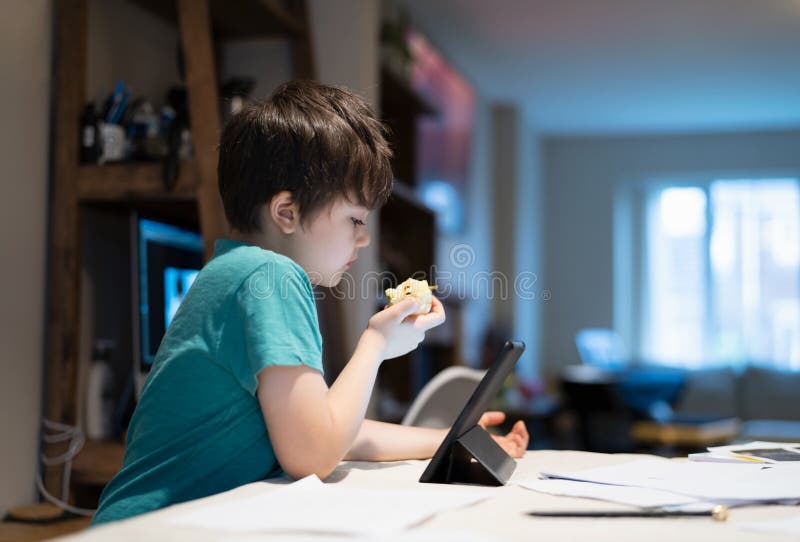 Healthy Boy Eating Red Apple for His Snack after Finished Homework,New ...