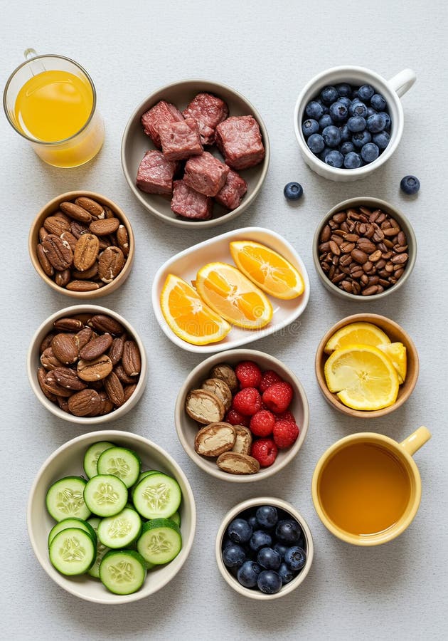 Healthy Breakfast Assortment: Colorful Fruits, Nuts, and Seeds Stock ...