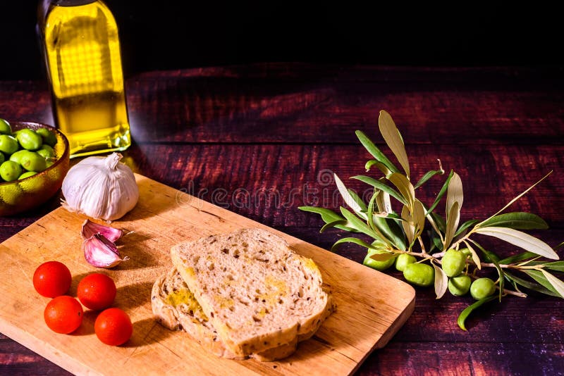 Healthy Breakfast Based on Bread and Olive Oil Stock Photo - Image of ...