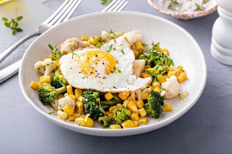 Healthy Breakfast Bowl with Cooked Vegetables and Fried Egg Stock Image ...