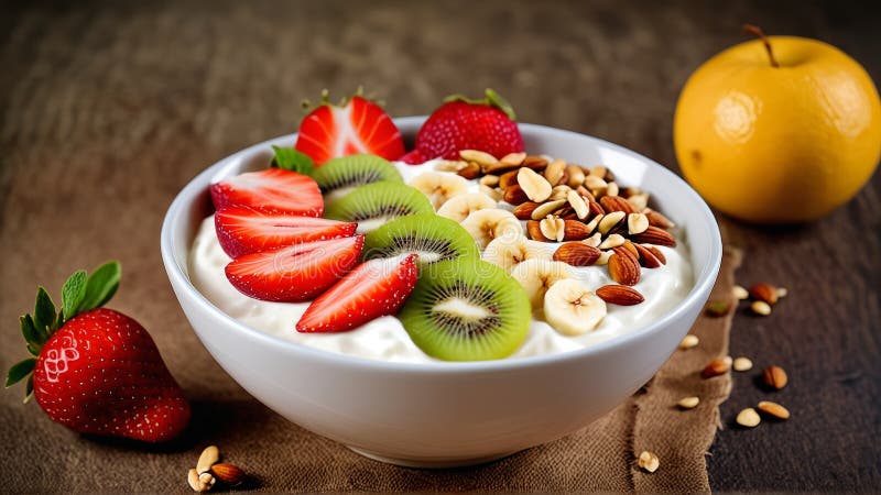 Healthy Breakfast Bowl with Fresh Fruit, Nuts, and Yogurt Stock Image ...
