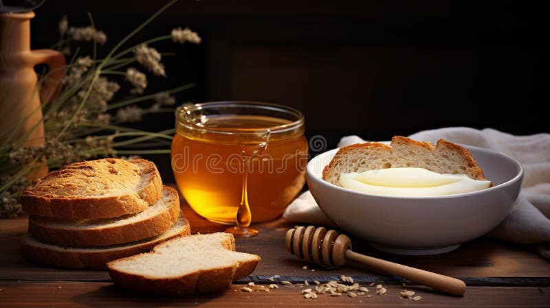 Healthy Breakfast with Bread, Honey, Milk on the Table.Generative AI ...