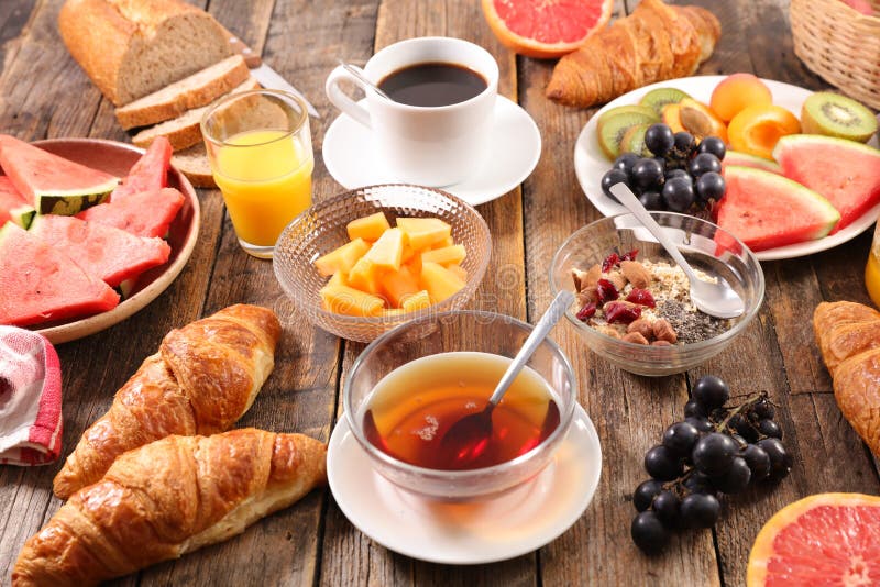Healthy Breakfast with Coffee, Tea, Bread, Stock Photo - Image of bowl ...
