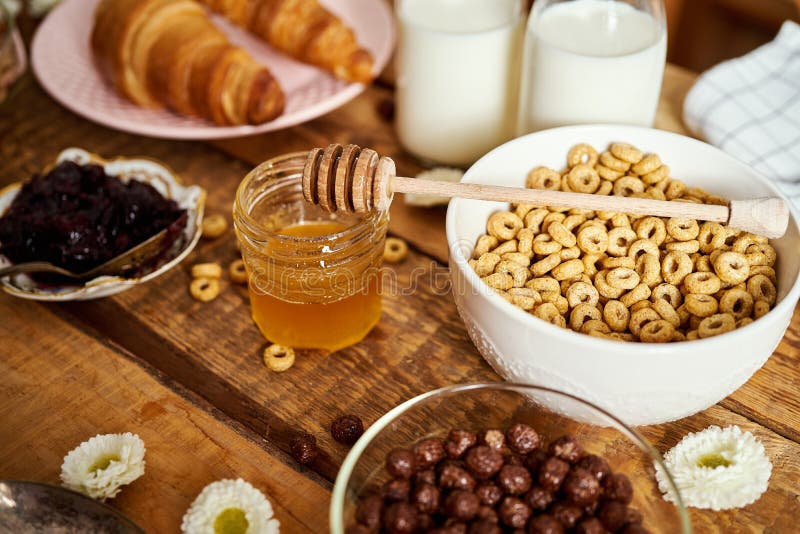 Healthy Breakfast with Different Types of Breakfast Cereal with Honey ...
