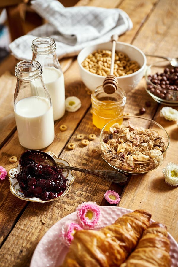 Healthy Breakfast with Different Types of Breakfast Cereal with Honey ...