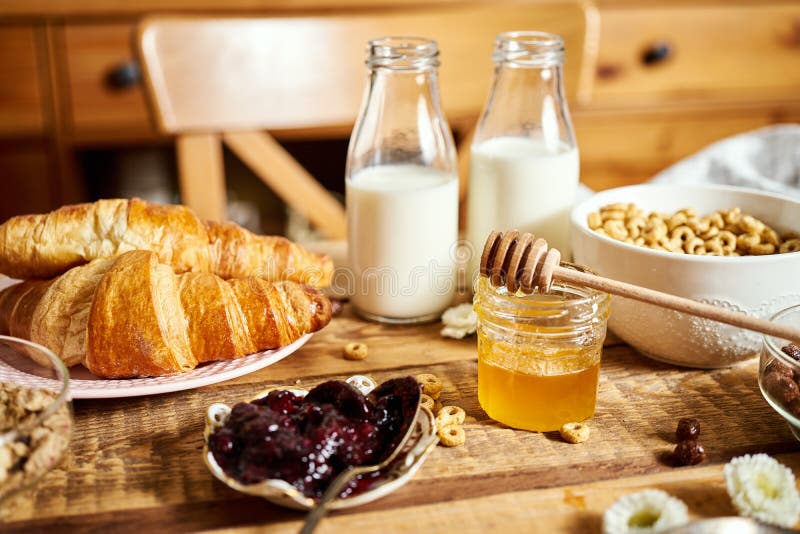 Healthy Breakfast with Different Types of Breakfast Cereal with Honey ...