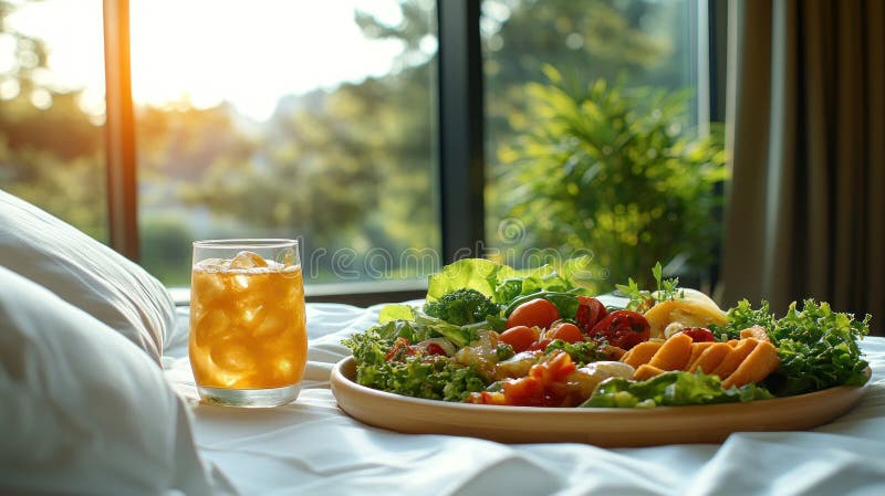 A Healthy Breakfast of Fresh Fruit, Vegetables, and a Glass of Iced Tea ...