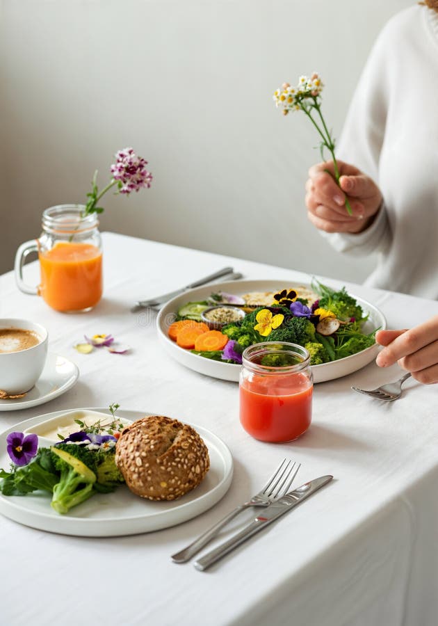 Healthy Breakfast with Fresh Juice, Salad, and Bread on a Table Stock ...