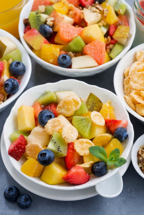 Healthy Breakfast with Fruit Salad, Vertical, Top View Stock Image ...
