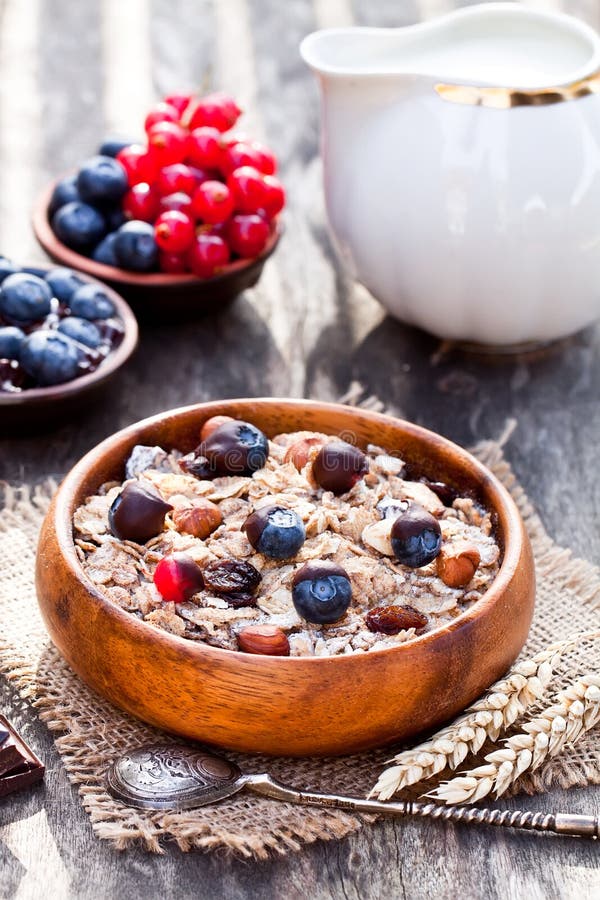 Healthy Breakfast with Muesli and Chocolate Covered Berries Stock Image ...