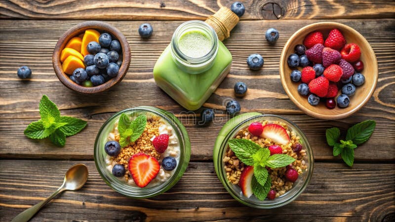 Healthy Breakfast Parfaits with Green Smoothie and Fresh Berries ...