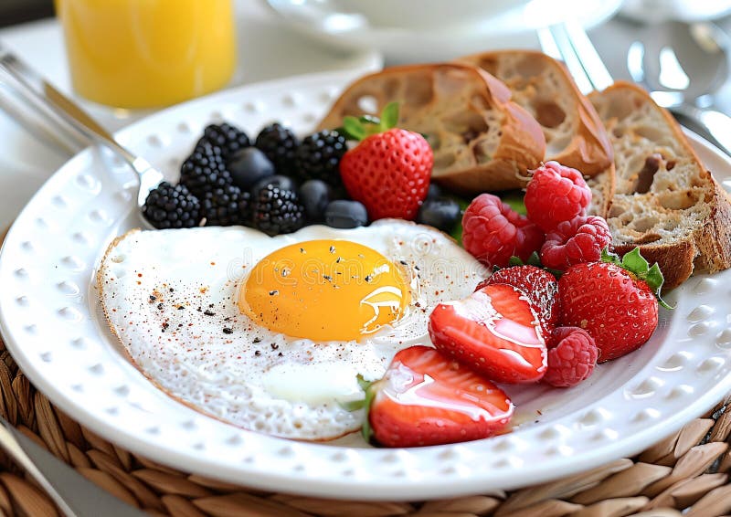 Healthy Breakfast Plate with Fresh Berries, Eggs, and Whole Grain Bread ...