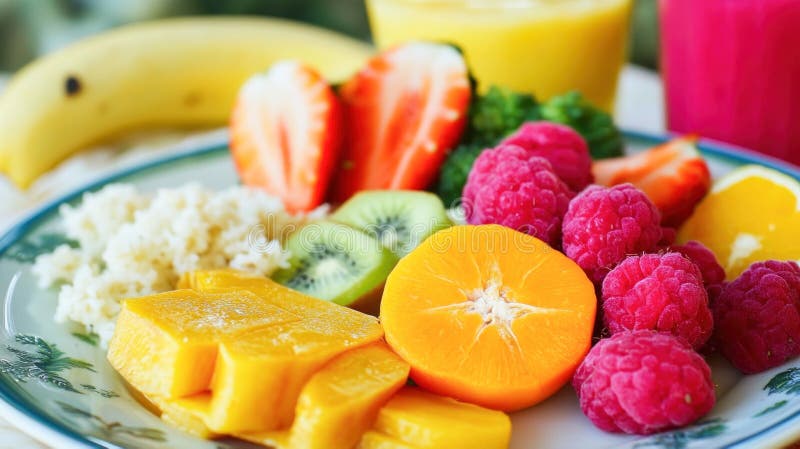 Healthy Breakfast Plate with Fresh Tropical Fruit, Raspberry and Rice ...