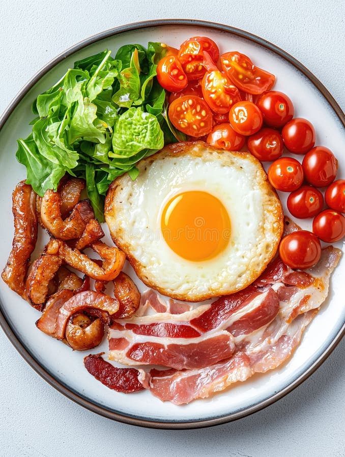Healthy Breakfast Plate with Fried Egg, Bacon, Lettuce, and Cherry ...