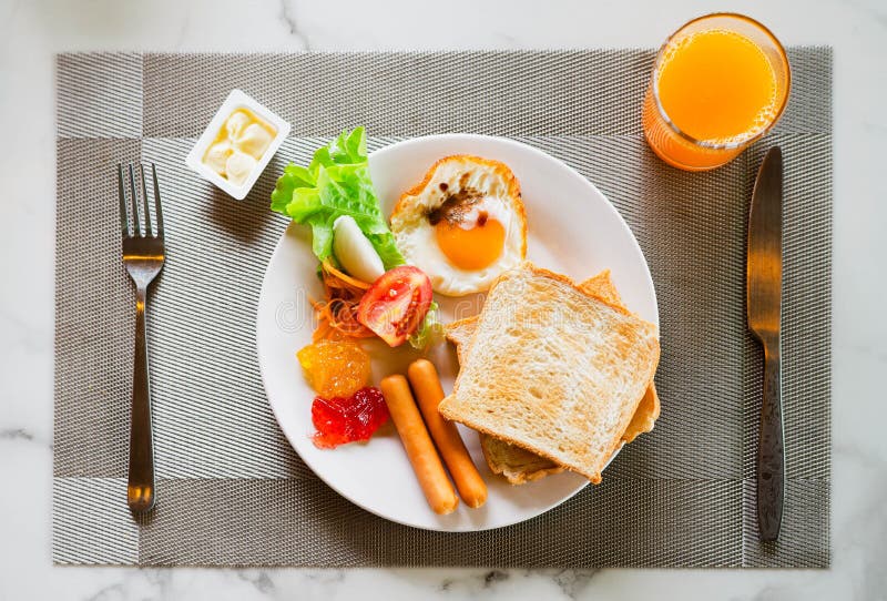 Healthy and Breakfast Serving on Table. Hotel Breakfast Set. Balanced ...