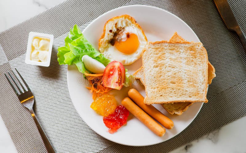 Healthy and Breakfast Serving on Table. Hotel Breakfast Set. Balanced ...