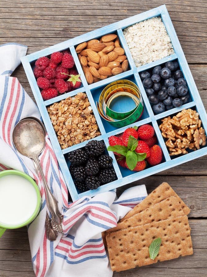 Healthy Breakfast Set with Muesli, Berries and Milk Stock Image - Image ...